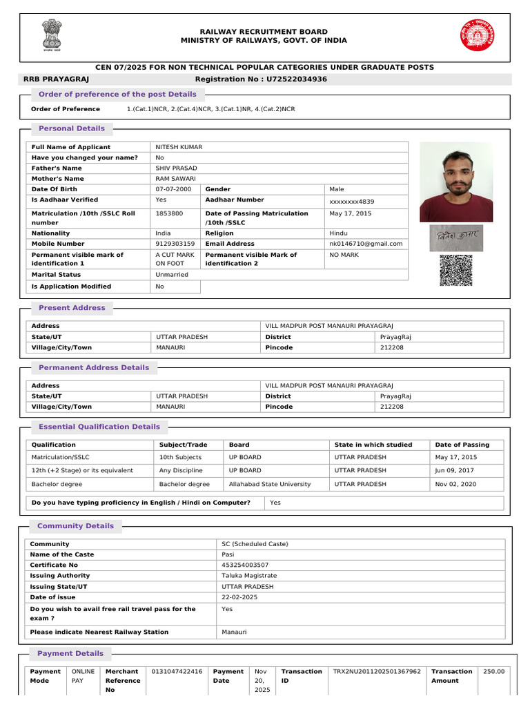 Order of Preference of The Post Details: Railway Recruitment Board ...