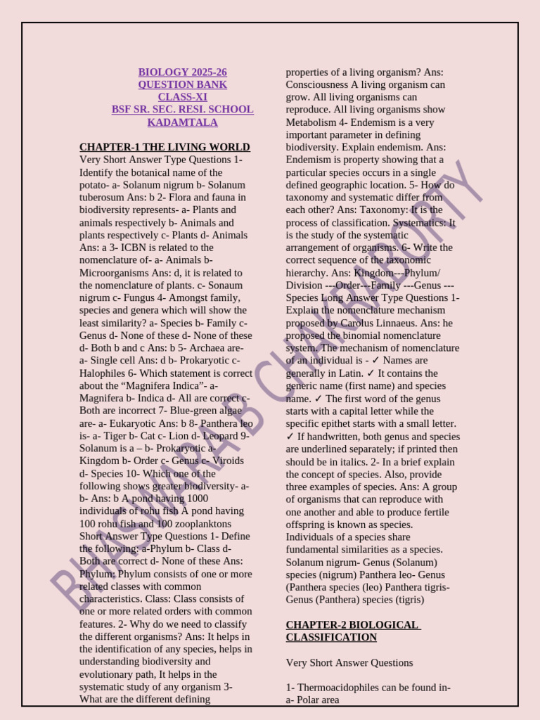 Q. Bank of BioLOGY Class XI 2025-26 | PDF | Plant Stem | Leaf