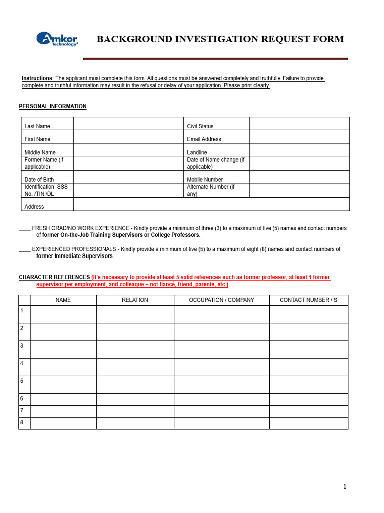 Background Investigation Request Form | PDF | Background Check