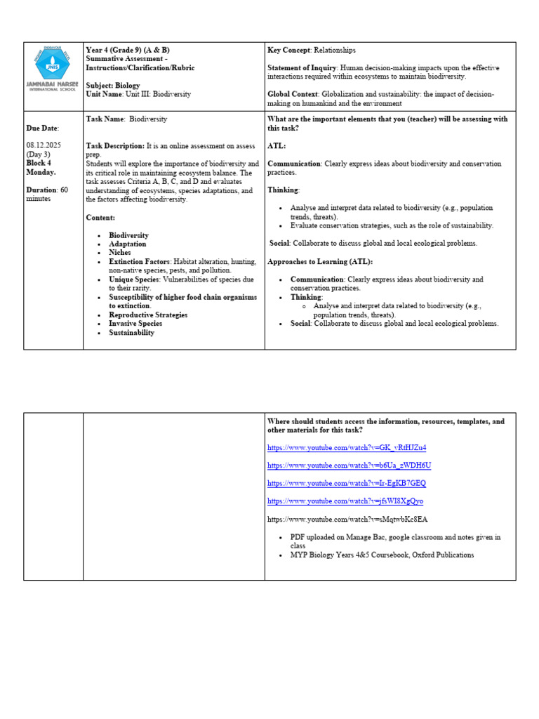Task Sheet 9th Grade For Unit III BIODIVERSITY | PDF | Biodiversity ...