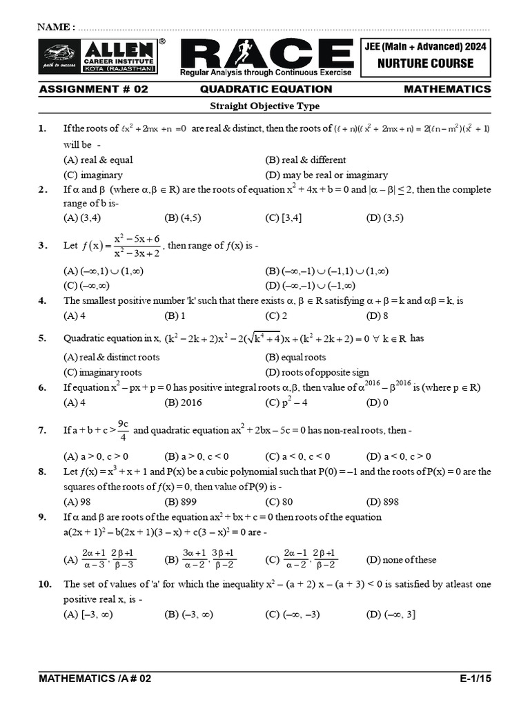 JEE 2024 Quadratic Equation Assignment | PDF | Equations | Zero Of A ...