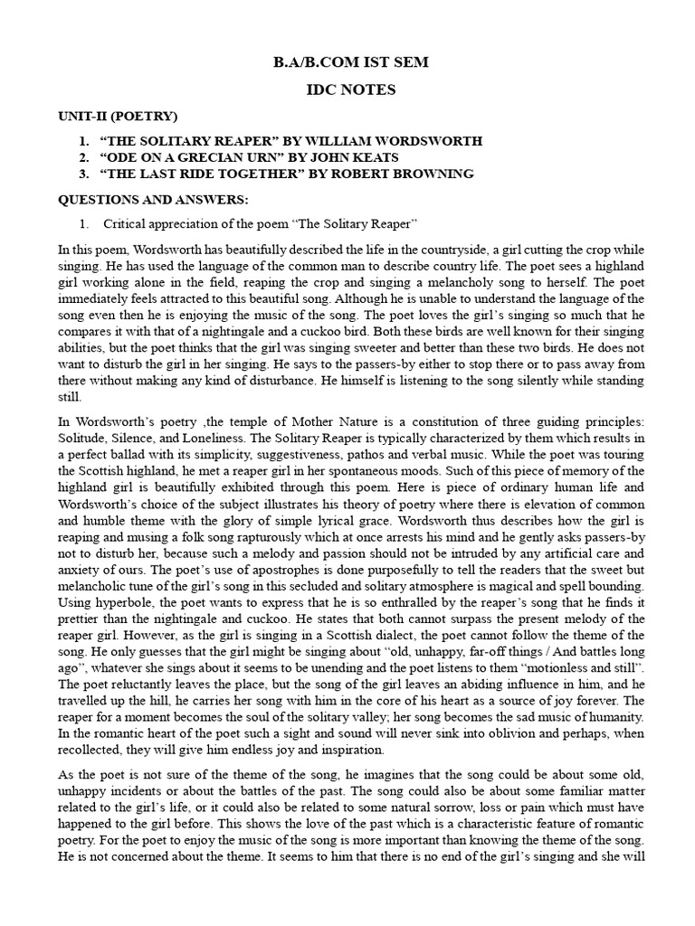 Analysis of Wordsworth's "The Solitary Reaper" | PDF | Poetry