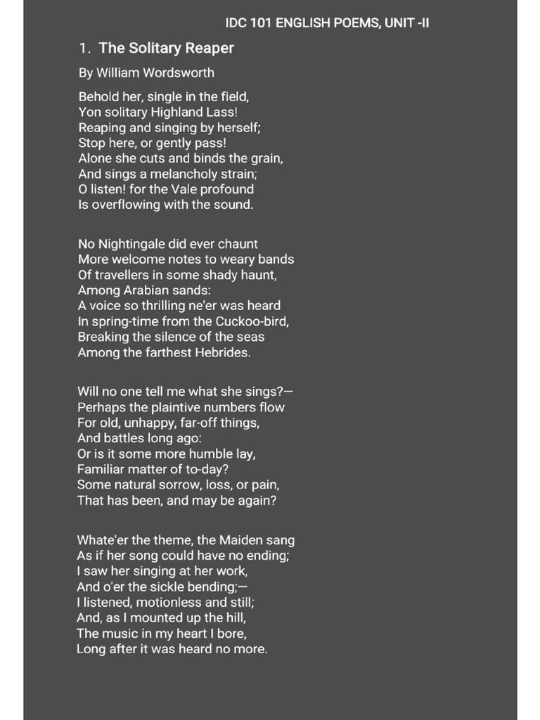 IDC ENG Unit - 2 The Solitary Reaper - Poem and Summary | PDF