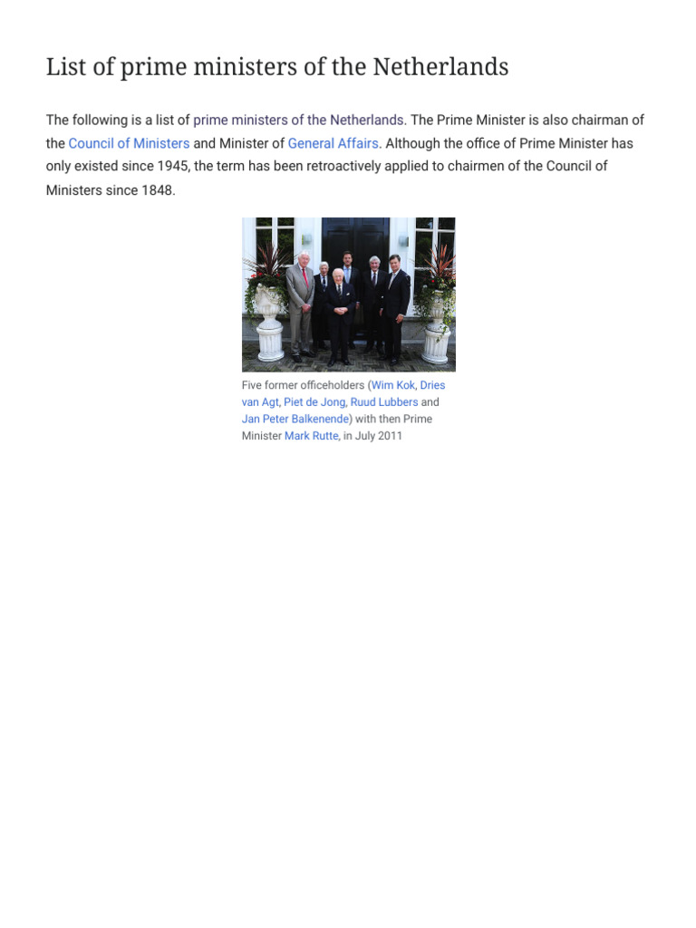 List of Prime Ministers of The Netherlands - Wikipedia | PDF ...