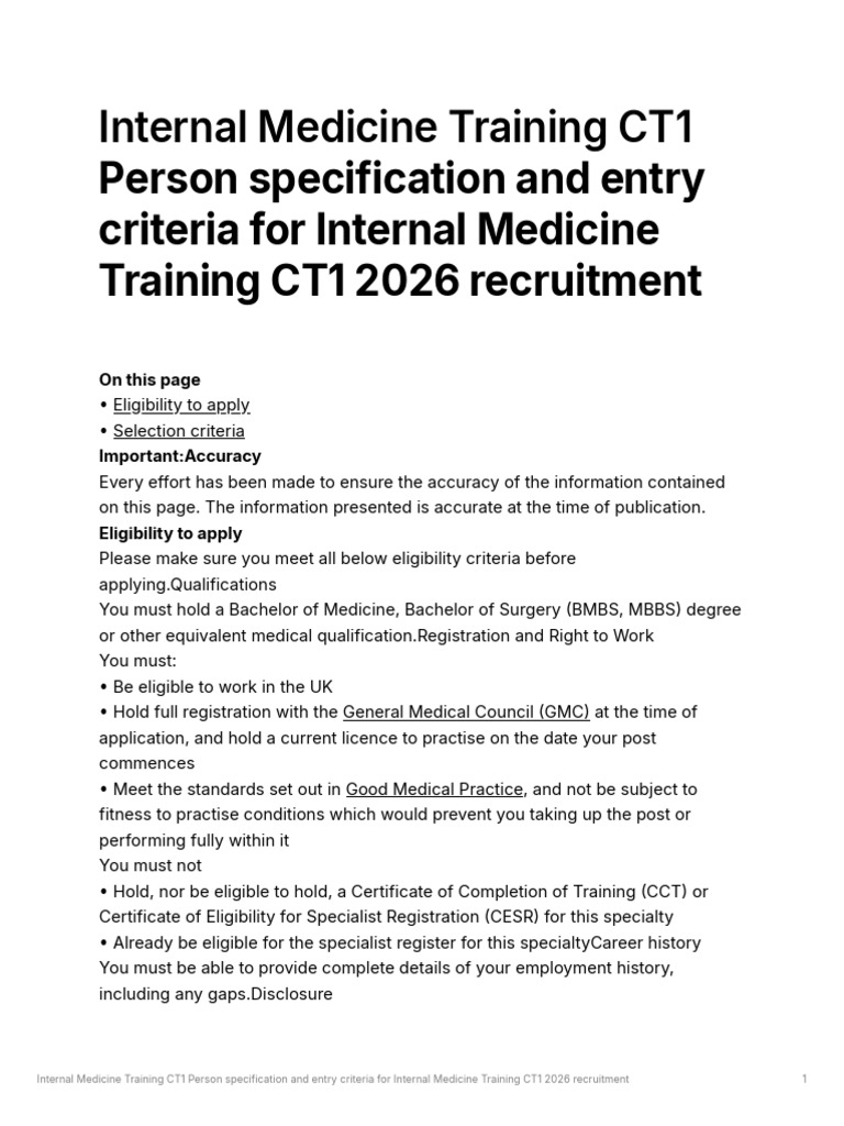 Internal Medicine CT1 Entry Criteria 2026 | PDF | Internal Medicine ...