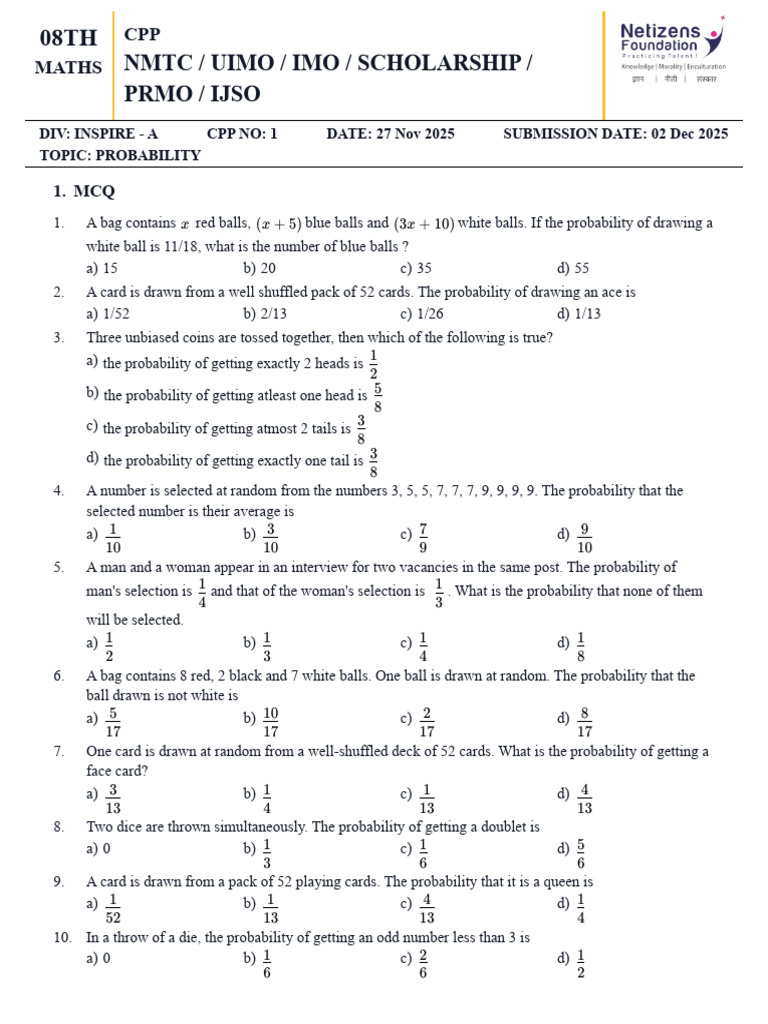 Probability Questions for Competitive Exams | PDF | Probability | Chess
