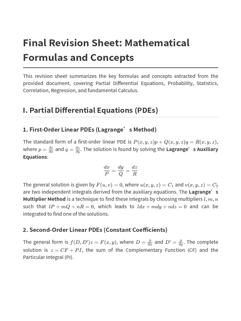 Final Revision and Cheat Sheet | PDF | Variance | Partial Differential ...