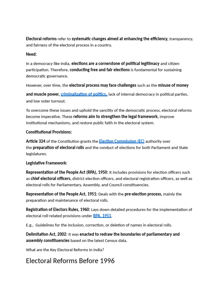 Key Electoral Reforms in India Explained | PDF | Voting | Electronic Voting