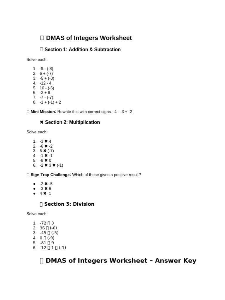 ? DMAS of Integers Worksheet | PDF