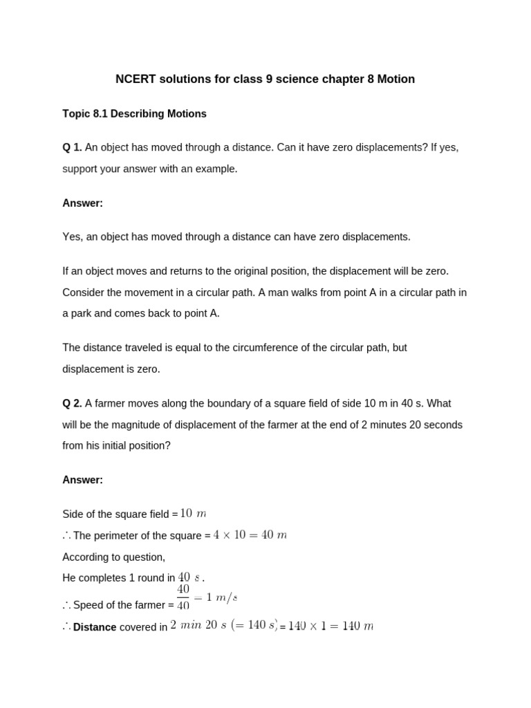NCERT Class 9 Science Motion Solutions | PDF | Acceleration | Velocity