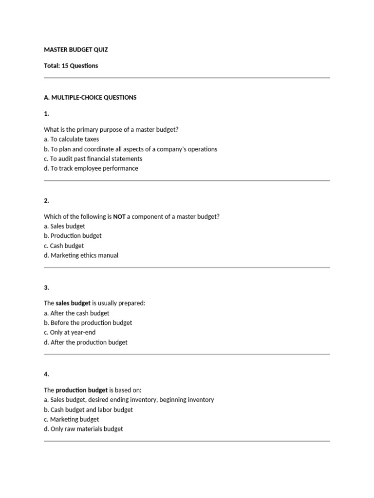 Master Budget Quiz | PDF | Budget | Cost Of Goods Sold