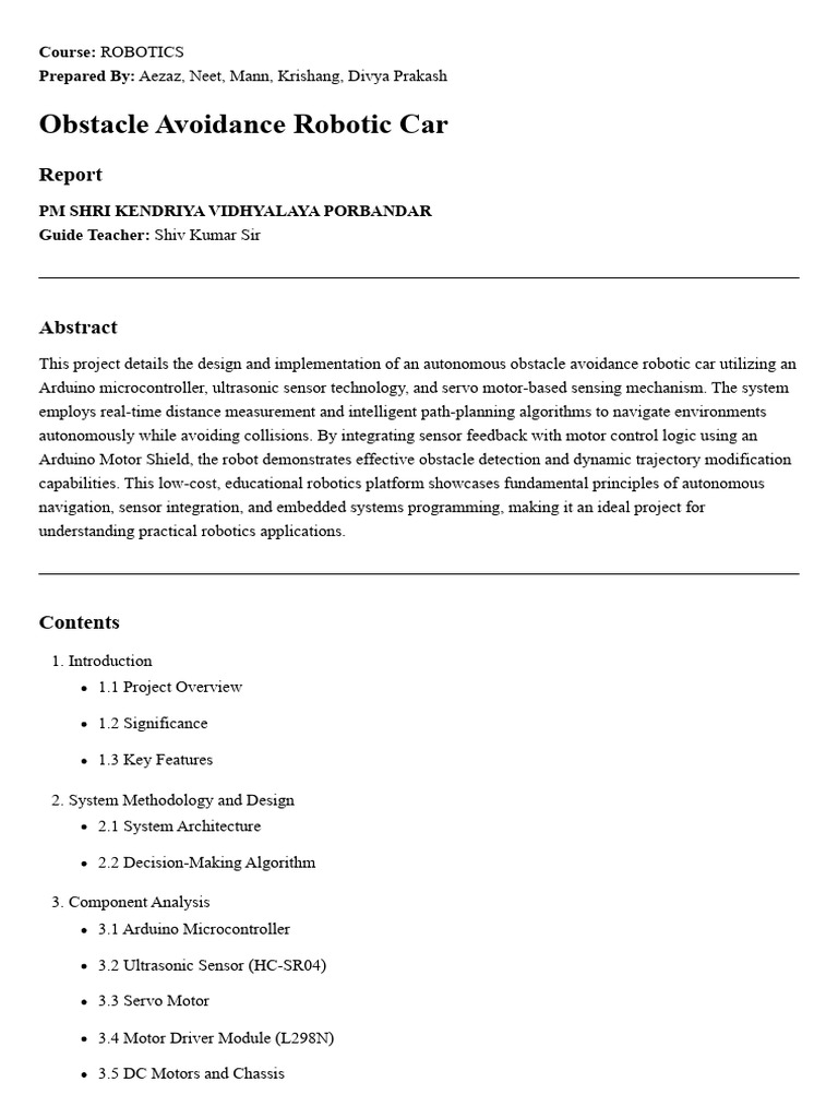 Obstacle Avoidance Robotic Car Report | PDF | Robotics | Arduino