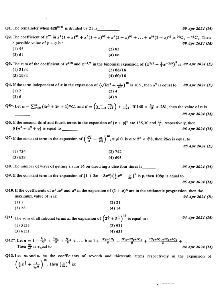 Binomial Worksheet | PDF | Discrete Mathematics | Number Theory