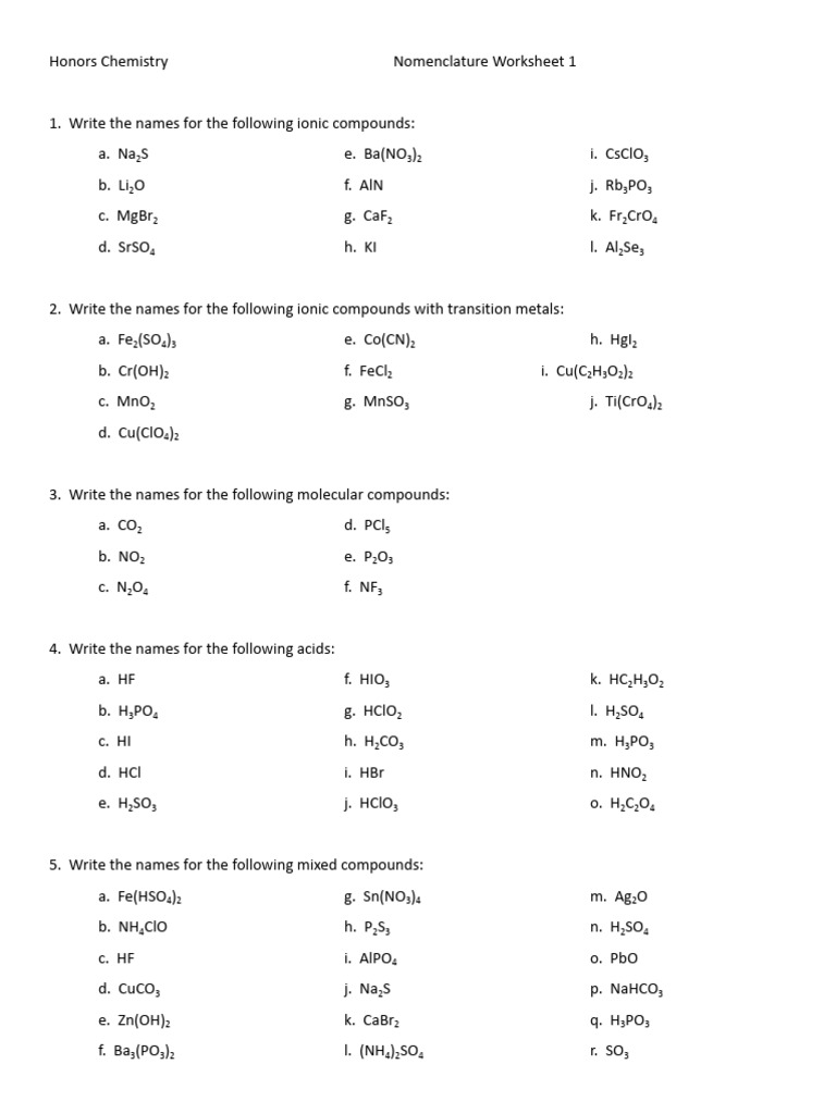 Ionic and Molecular Nomenclature Worksheet | PDF | Acid | Nitrogen
