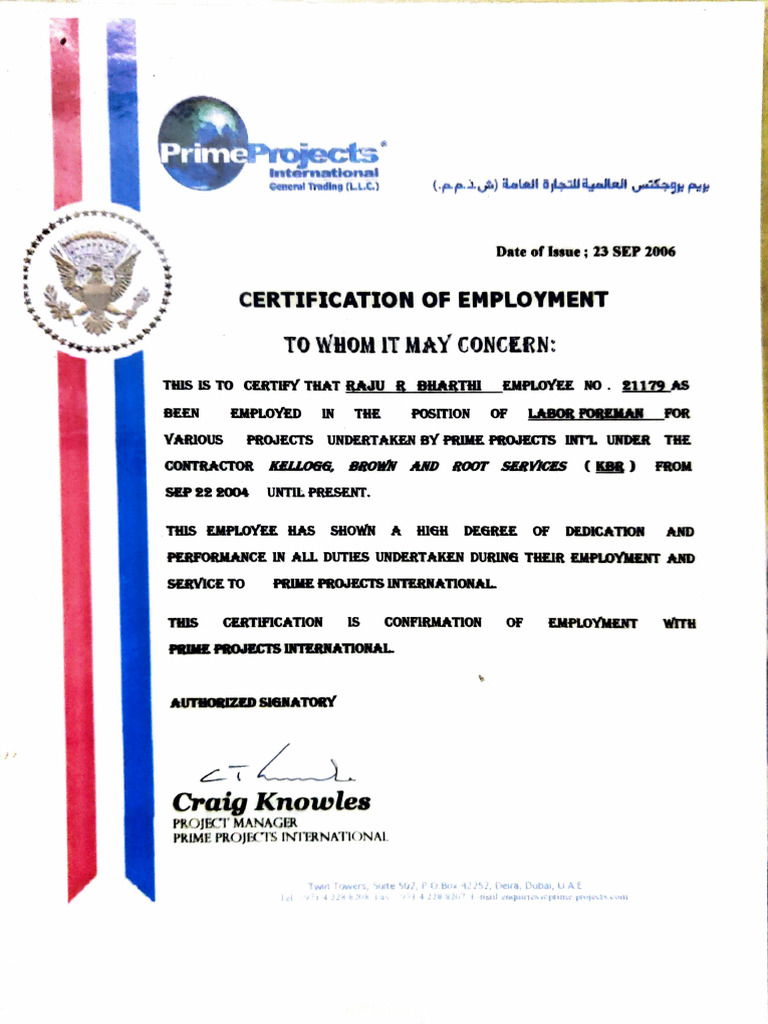 Employment Certification for Raju R. Bharthi | PDF