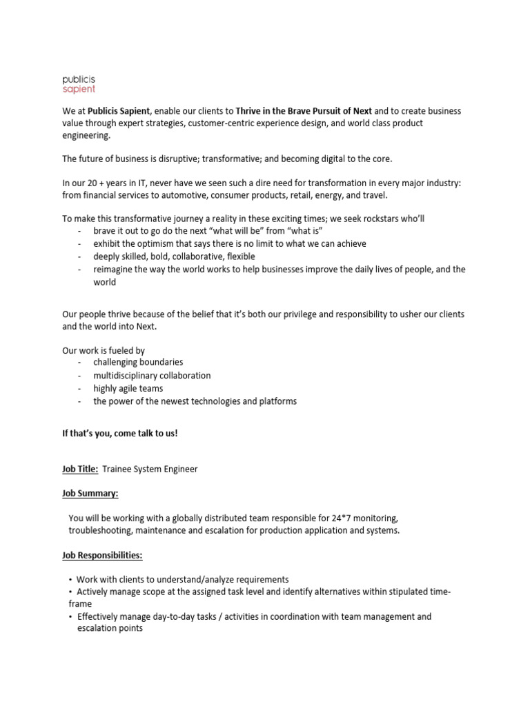 Trainee System Engineer Job Opening | PDF | Service Level Agreement ...