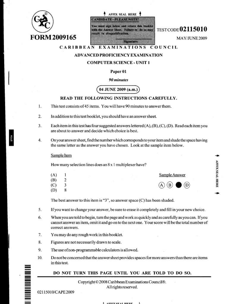 CAPE Computer Science May - June 09 Unit 1 P1 | PDF