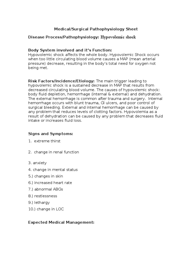 Patho Sheet For Hypovolemic Shock | PDF | Shock (Circulatory) | Bleeding