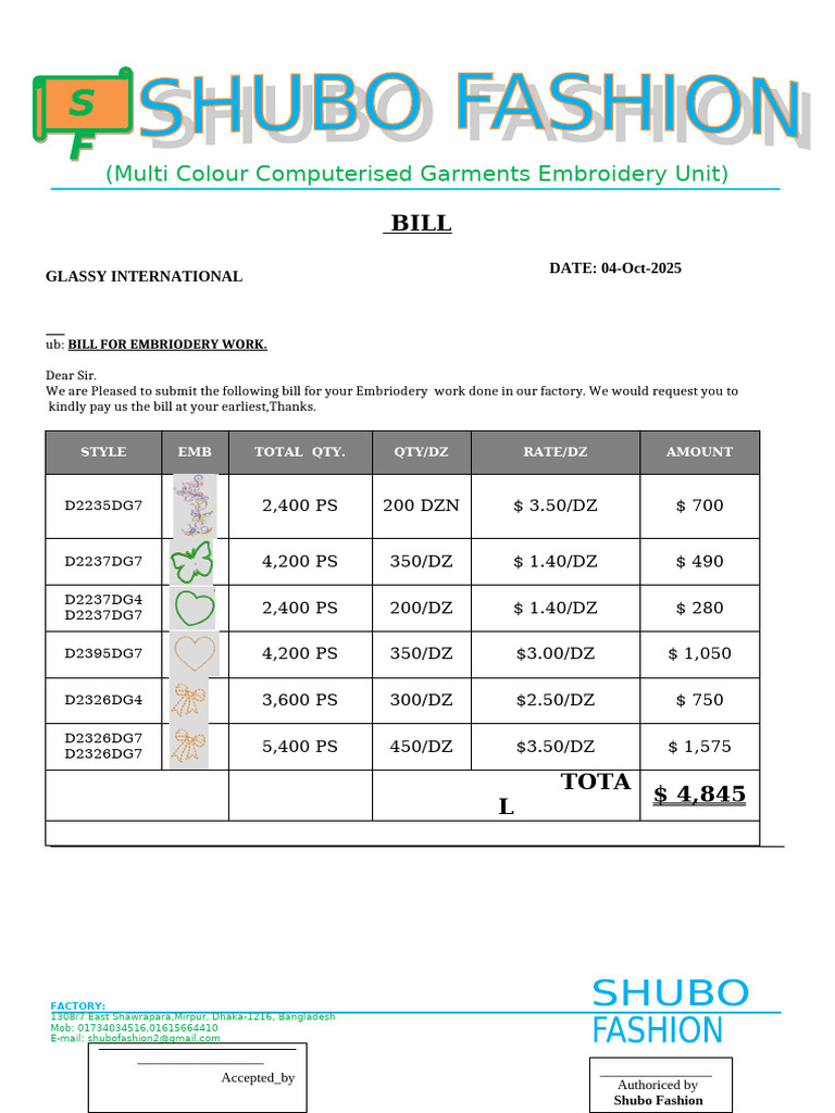 Embroidery Work Bill from Shubo Fashion | PDF