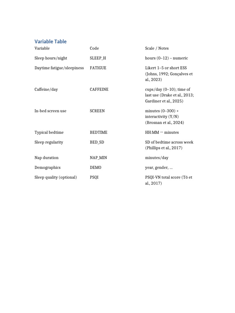 Sleep Study Variable Overview | PDF