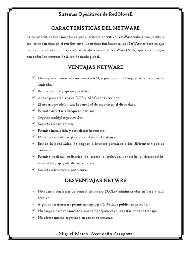 CARACTERÍSTICAS DEL NETWARE
