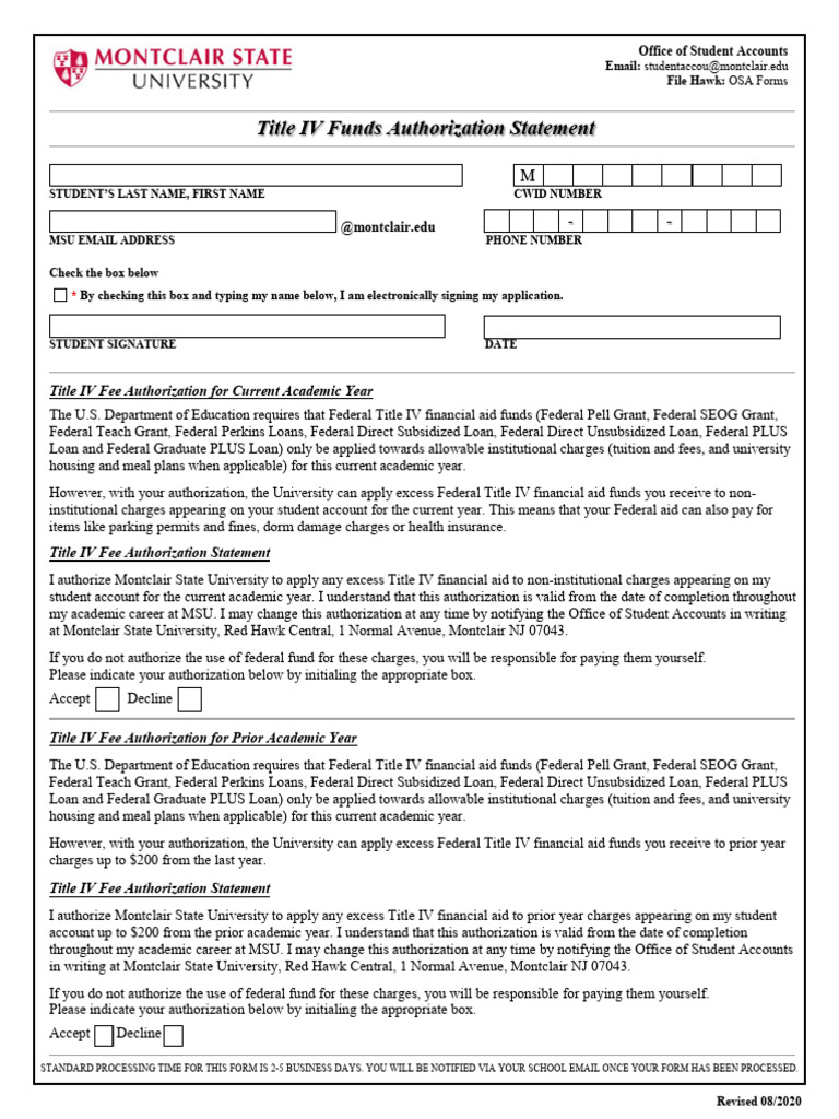 Title IV Funds Authorization Statement Form | PDF | Student Financial ...