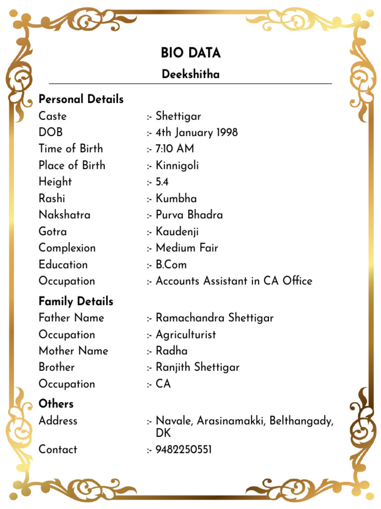 Deekshitha Shettigar Bio Data Profile | PDF