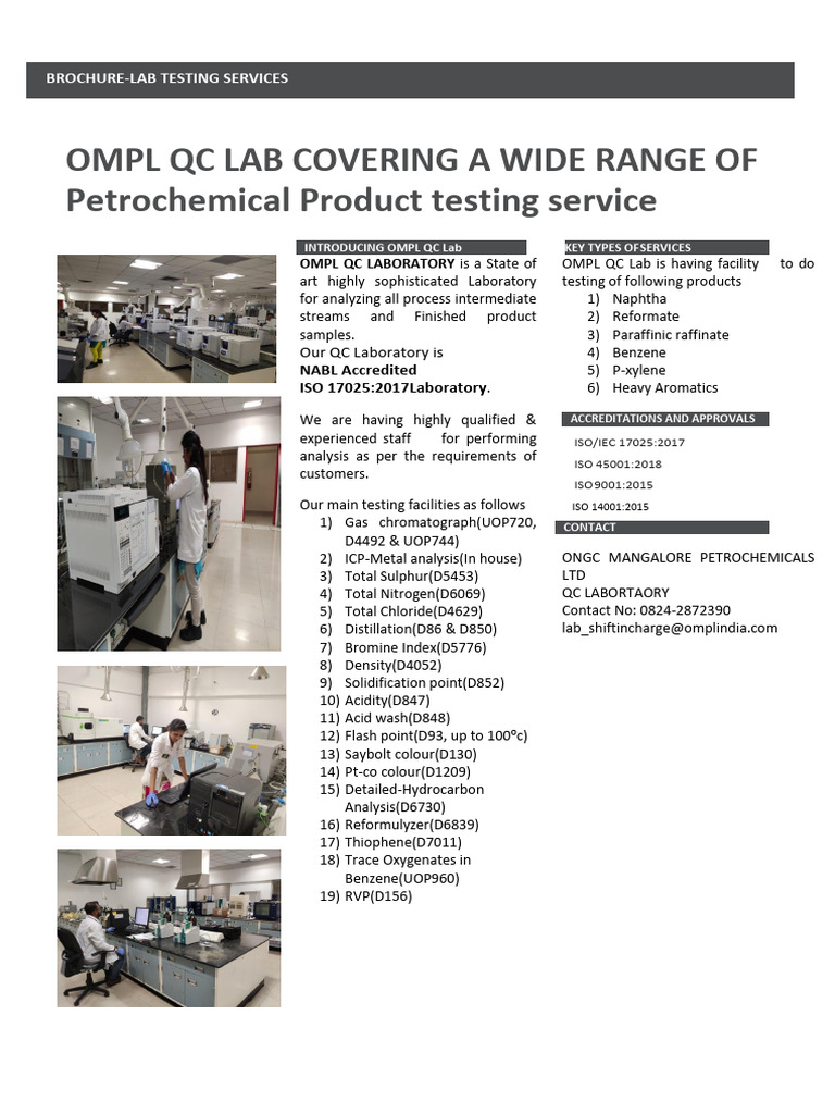 OMPL QC Lab Petrochemical Testing Services | PDF | Chemical Substances ...