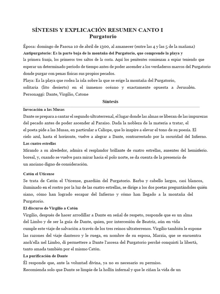 Síntesis Del Canto I, III y V Del PURGATORIO | PDF | Divina Comedia ...