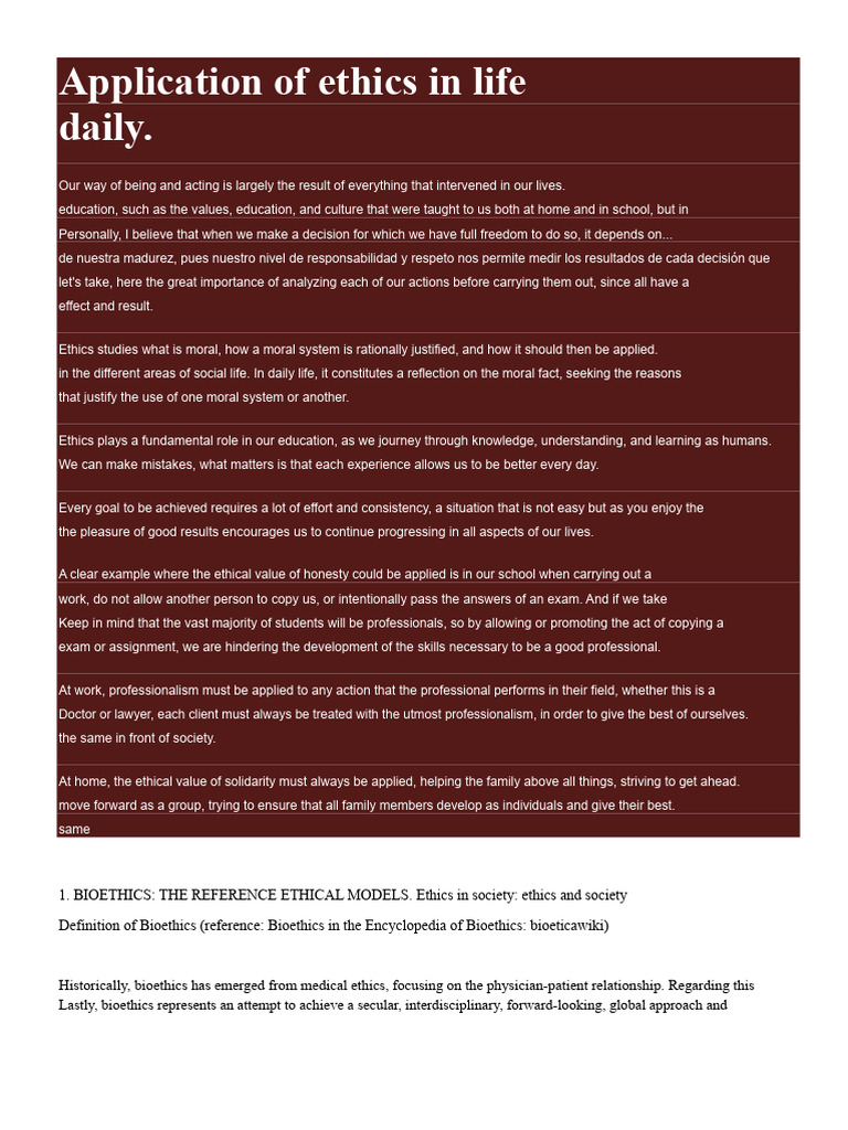Application of Ethics in Everyday Life | PDF | Bioethics | Value (Ethics)