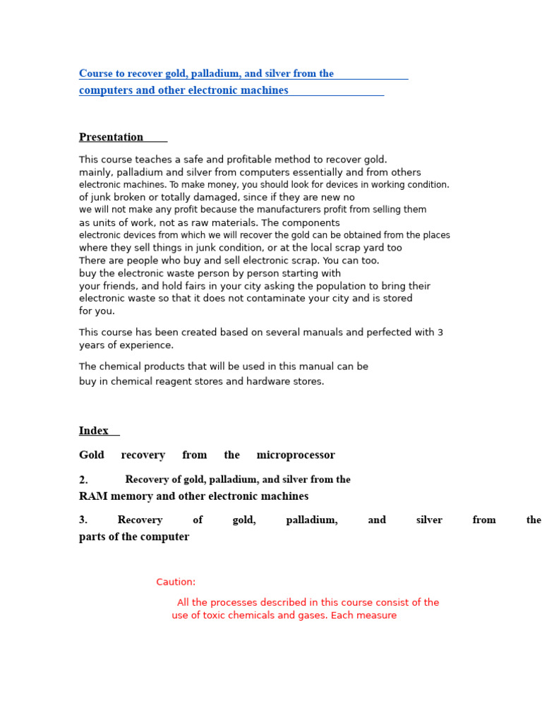 Course for recovering gold, palladium, and silver from computers and ...