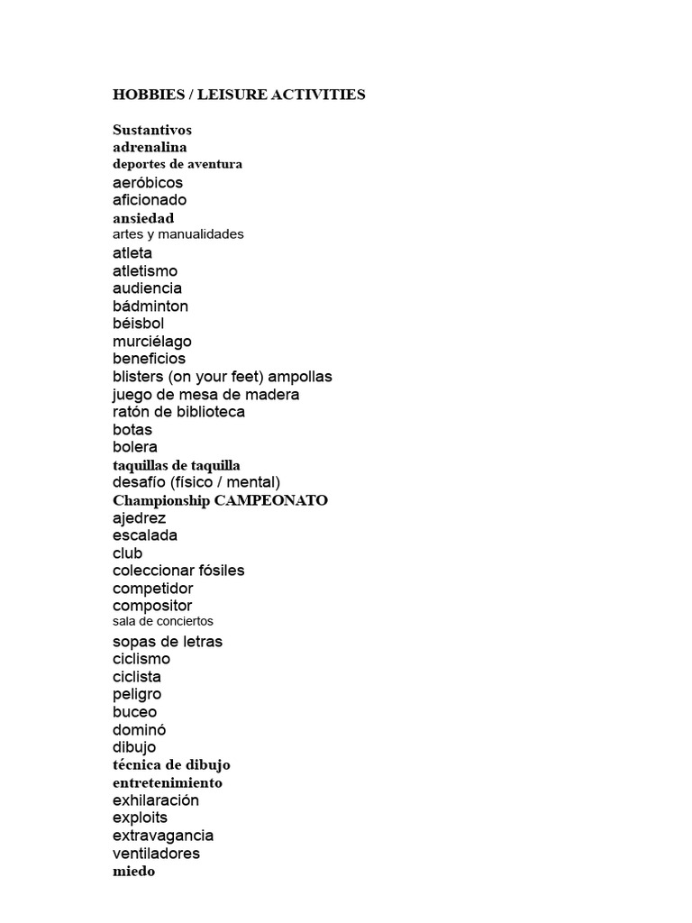 Vocabulario de Pasatiempos y Actividades | PDF | Deportes | Recreación