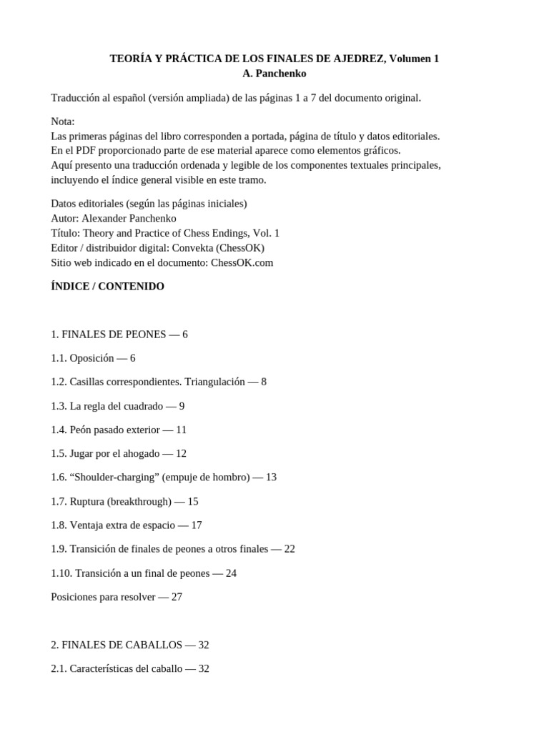 Traduccion - Panchenko - Teoria y Practica de Los Finales - Cap0 Indice ...