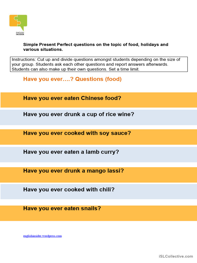Have You Ever Questions To Cut Up For A Speaking Activity | PDF | Foods ...
