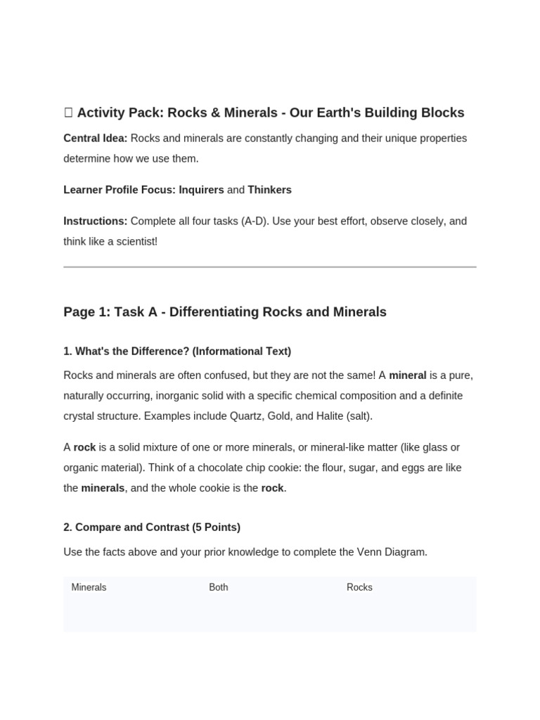? Activity Pack- Rocks & Minerals - Our Earth's Building Blocks | PDF ...