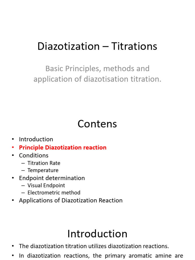 Diazotization Titration Methods & Applications | PDF | Titration ...