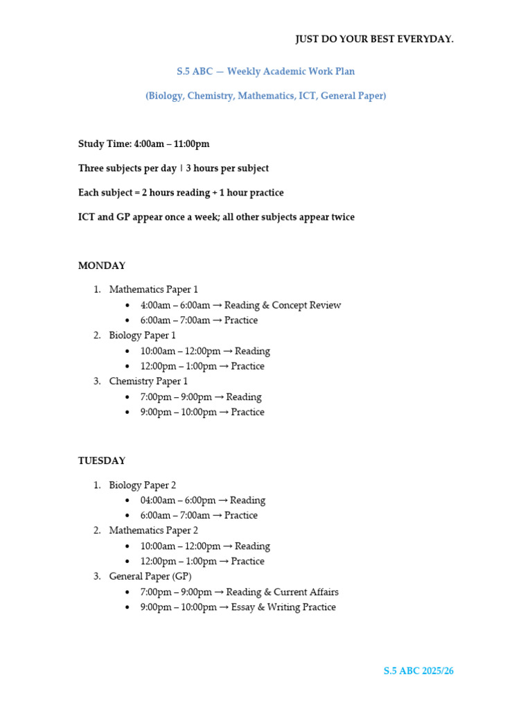 S5 ABC Weekly Work Plan | PDF