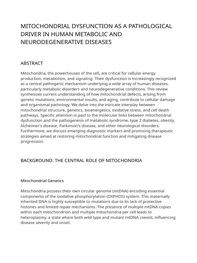 Mitochondrial Dysfunction in Diseases | PDF | Mitochondrion ...