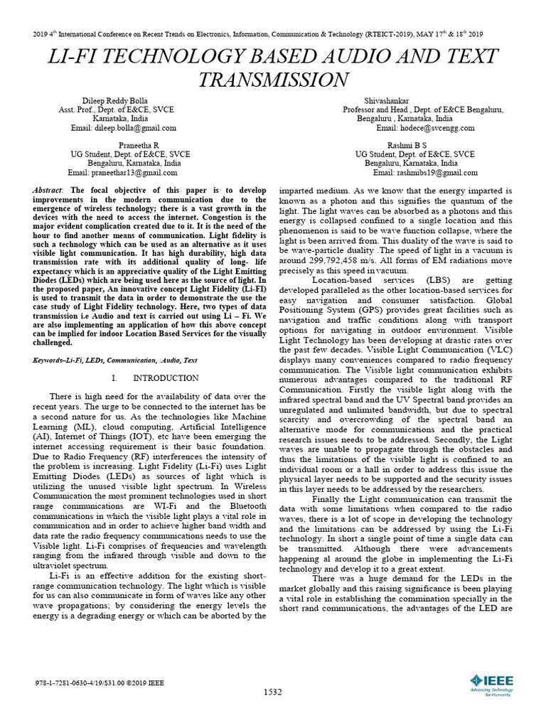 Li-Fi Technology Based Audio and Text Transmission | PDF | Light ...