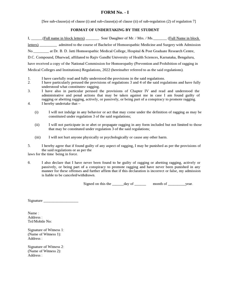 Form I Anti-Ragging Affidavit STUDENT | PDF | Justice | Crime & Violence