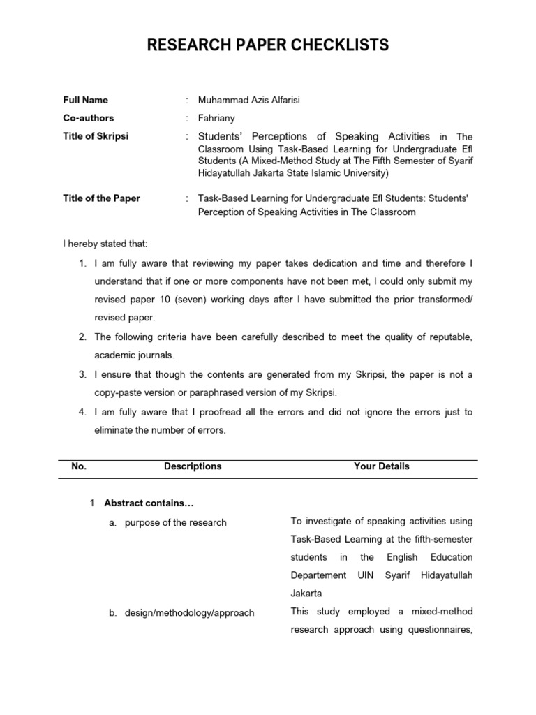 1. Research Paper Checklists - Azis Alfarisi | PDF | Abstract (Summary ...