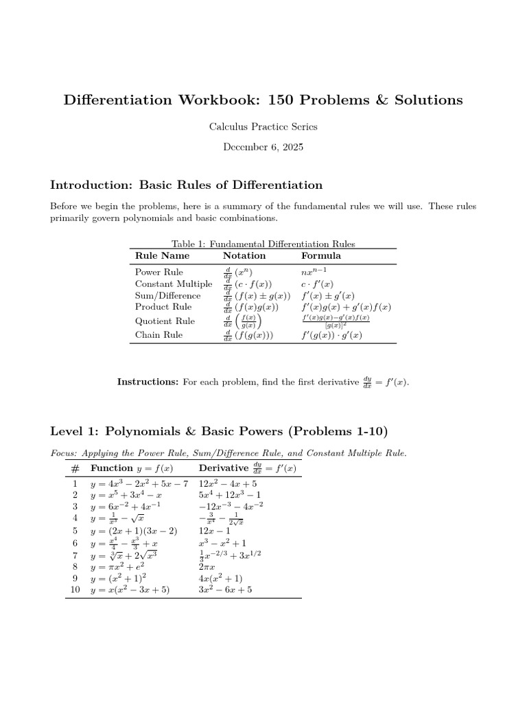 Differentiation Workbook Complete Edition With Explanations | PDF ...