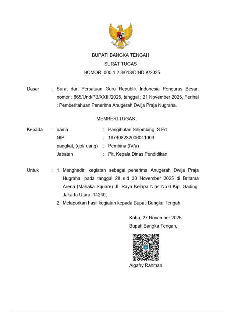 Surat Tugas Penerima Anugerah Dwija | PDF