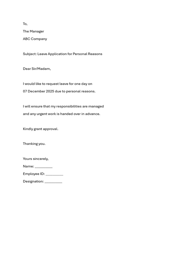 One-Day Leave Application Template | PDF