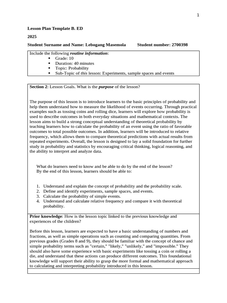 Grade 10 Probability Lesson Plan | PDF | Probability | Learning