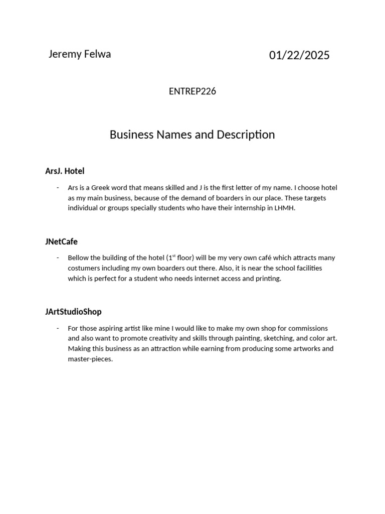 Business Names and Descriptions Overview | PDF
