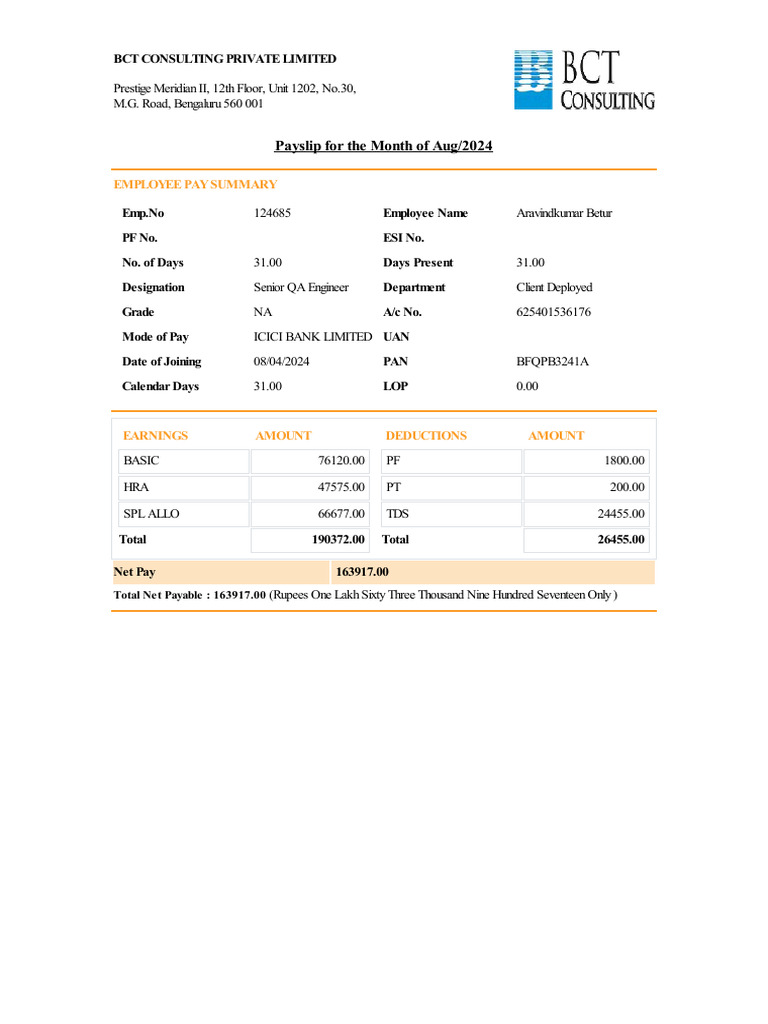 August 2024 Payslip for Aravindkumar Betur | PDF | Personal Finance ...