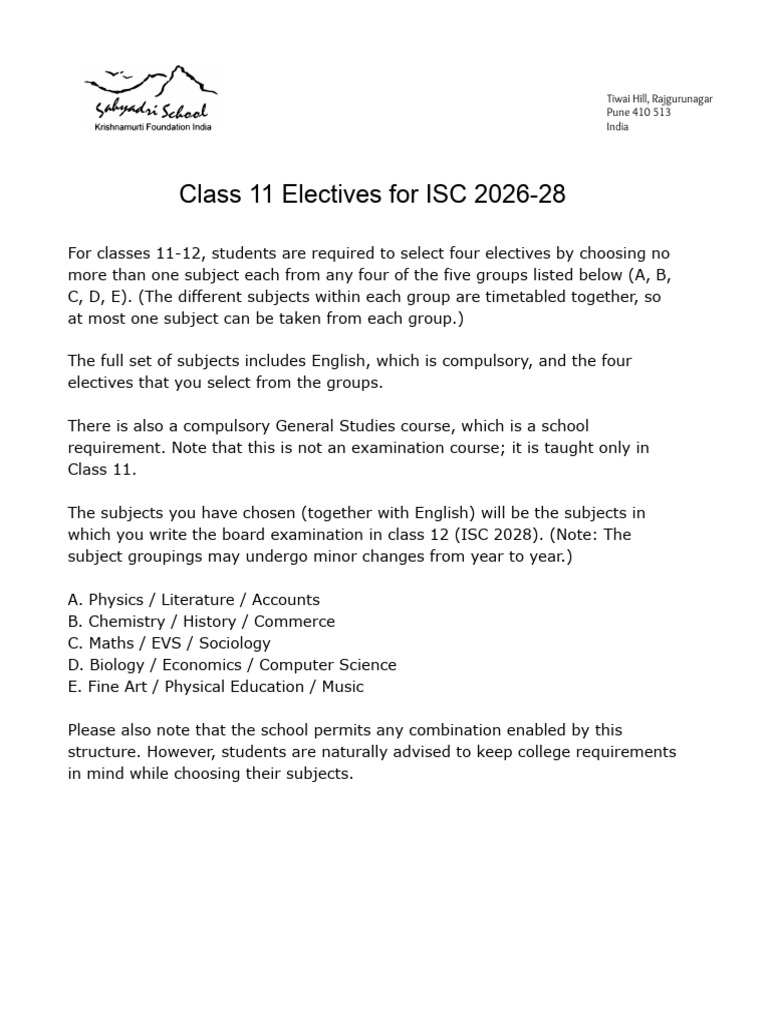 Annexure III Class 11 Electives | PDF