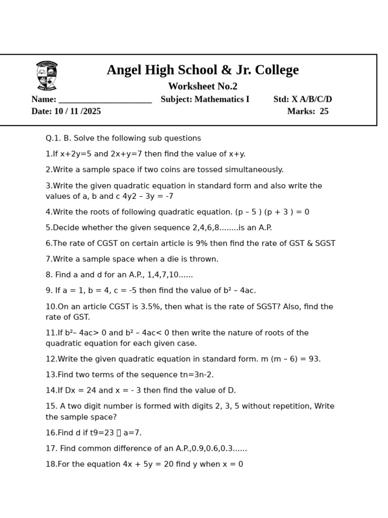 Mathematics Worksheet for Std X Students | PDF