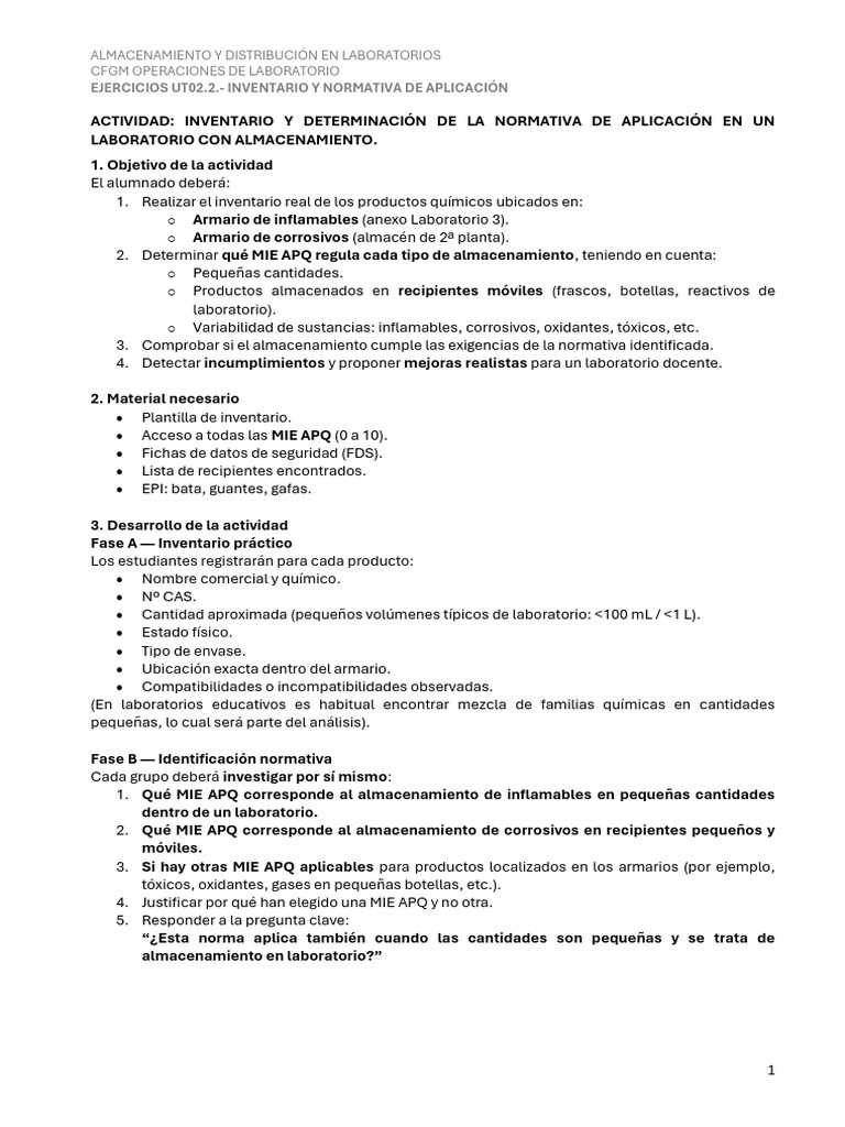 Ejer Ut03 02.2.- Inventario y Normativa de Aplicación | PDF | Laboratorios | Química